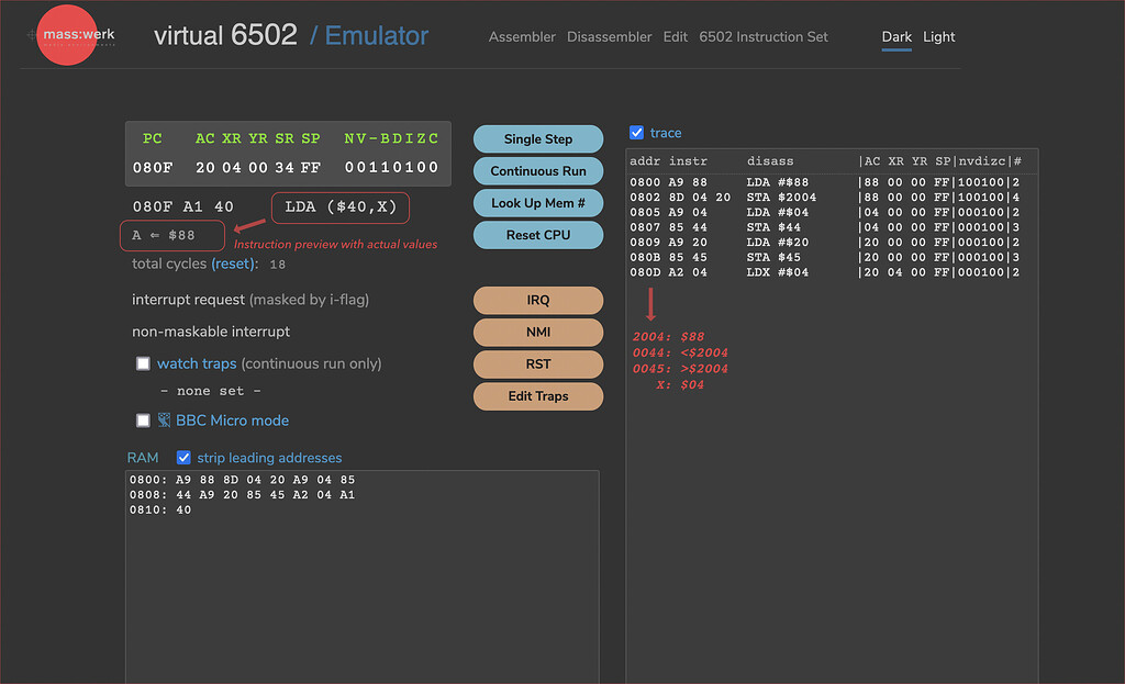 Effective instruction preview with resolved operands for the 6502 emulator - Software - Retro ...