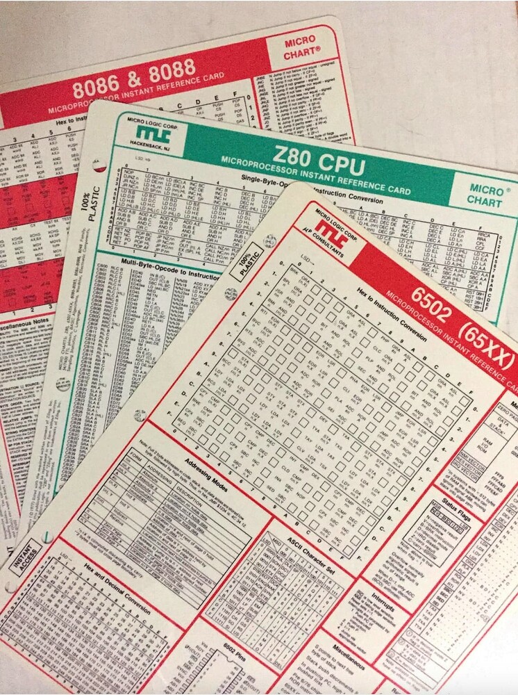 "Micro Chart" CPU reference cards (6502, Z80, 8088/8086, 68000) - Hardware - Retro Computing